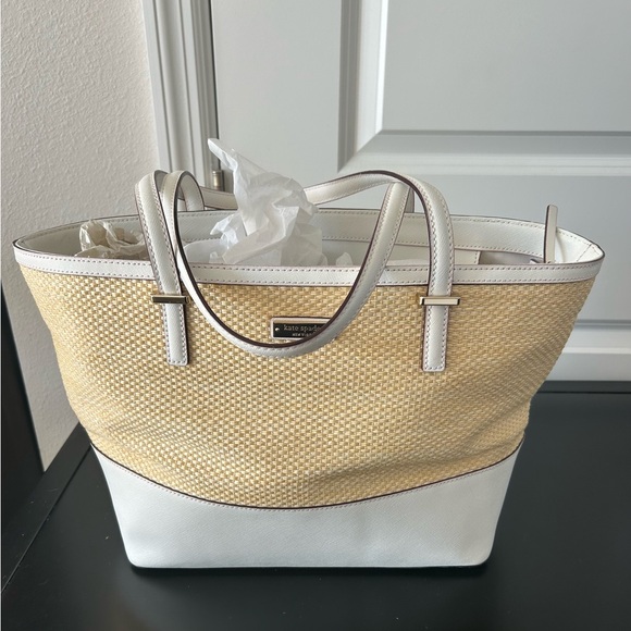 kate spade | Bags | Kate Spade Tan And White Rattan Elegant Tote | Poshmark